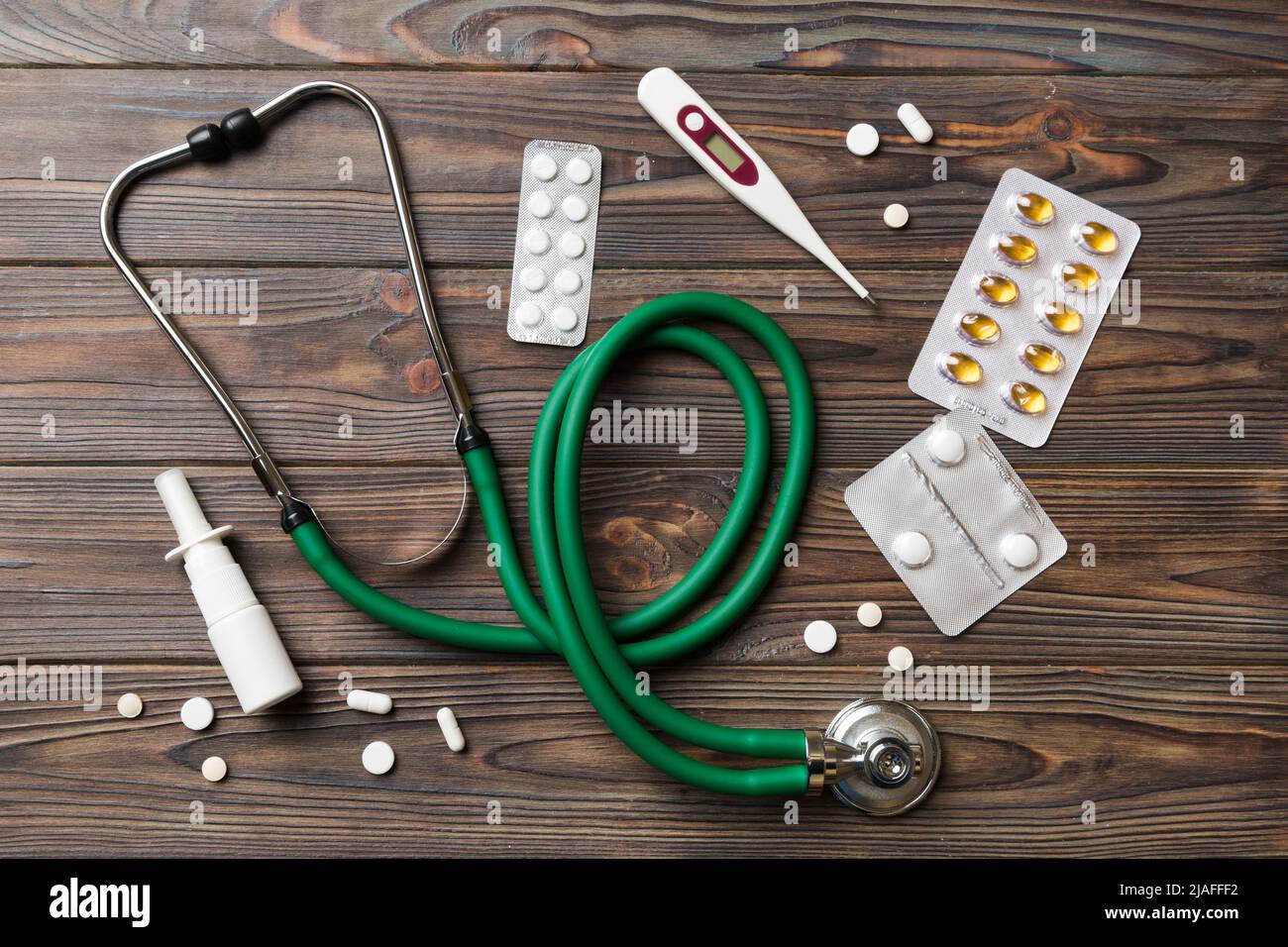 Medical background. Many different various medicine tablets or pills on ...
