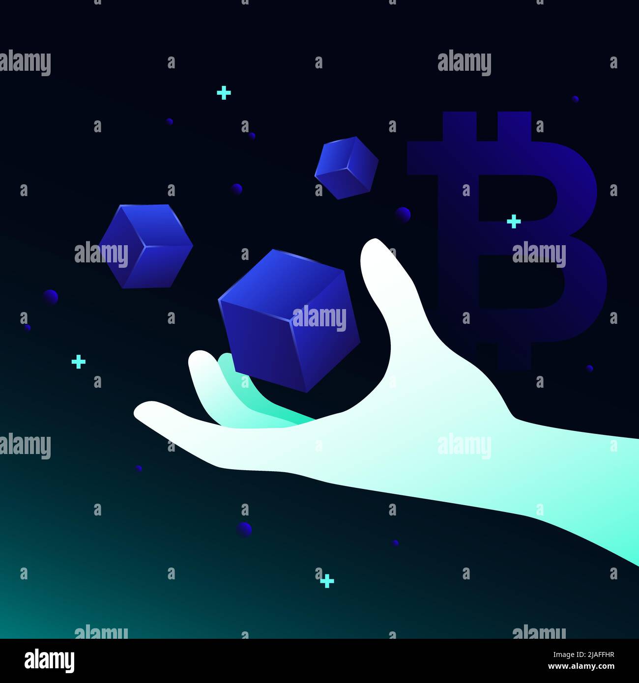 Dark Gradient Blockchain Illustration. Hand Holding Isometric Cubes ...
