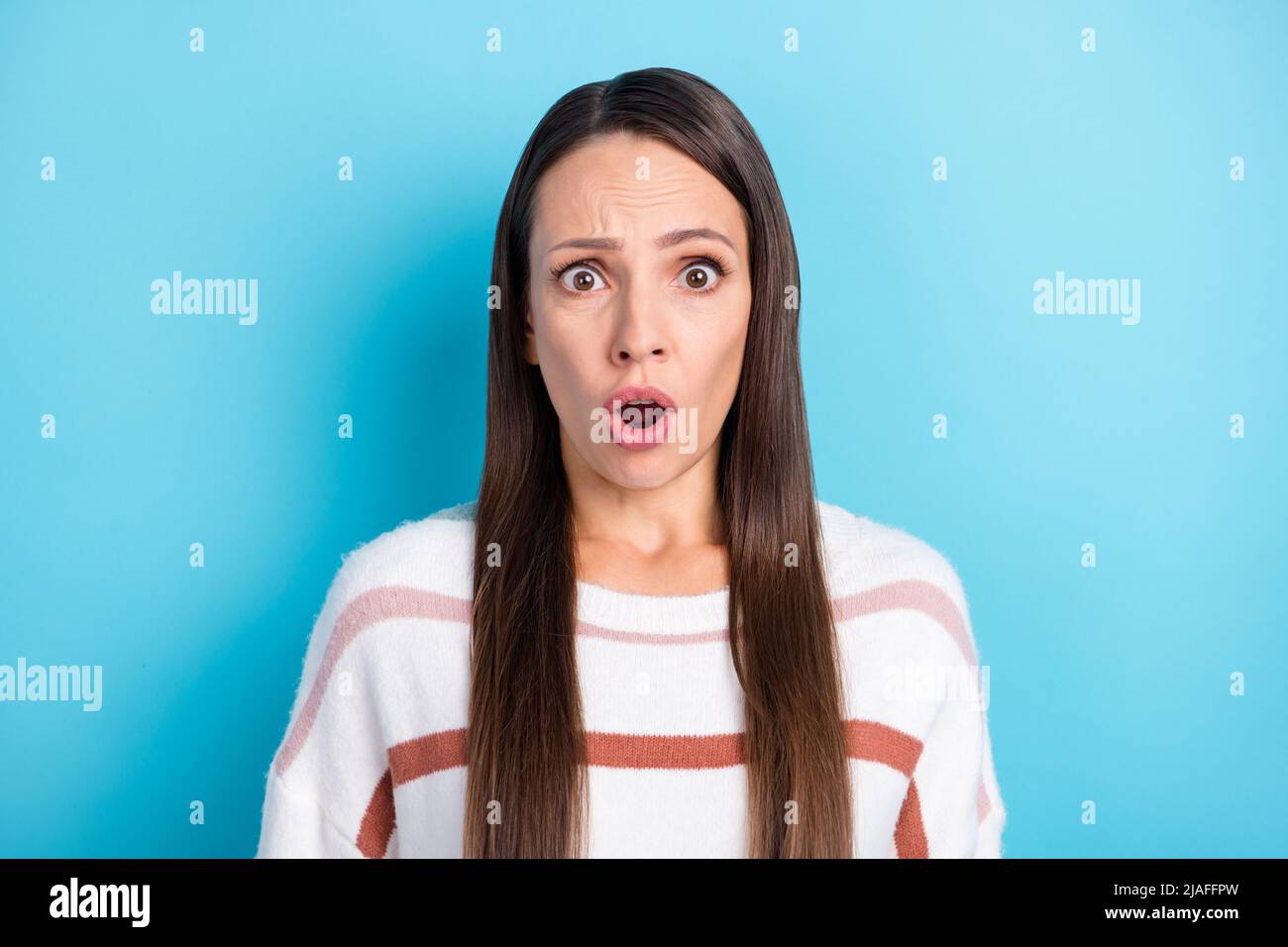 Photo of speechless stunned lady puzzled reaction unfair occasion wear ...