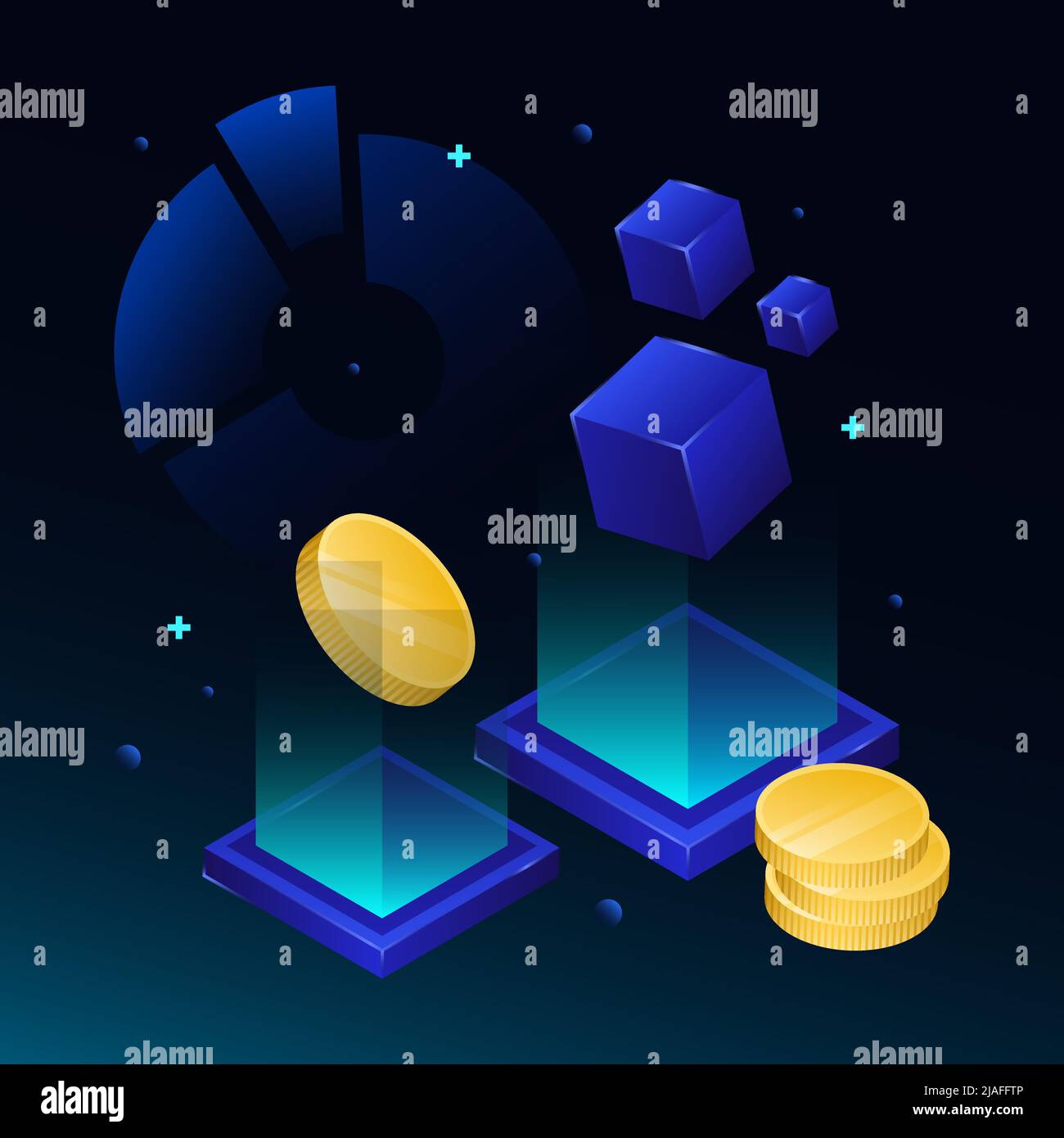 Abstract Blockchain Illustration. Coins, Cubes, Graphs on the Gradient ...