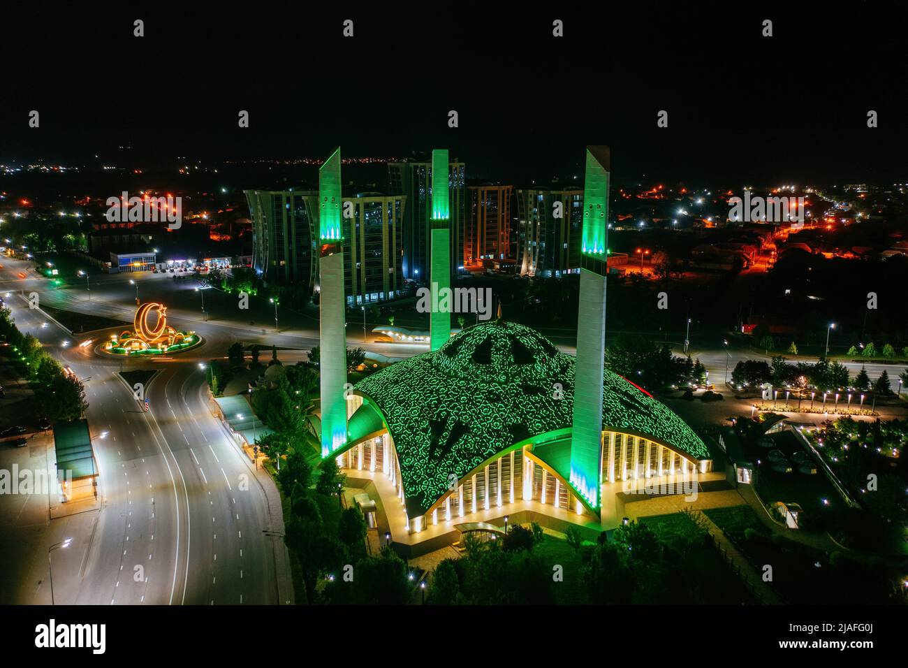 Aerial view of the mosque Heart of the mother in the city of Argun ...