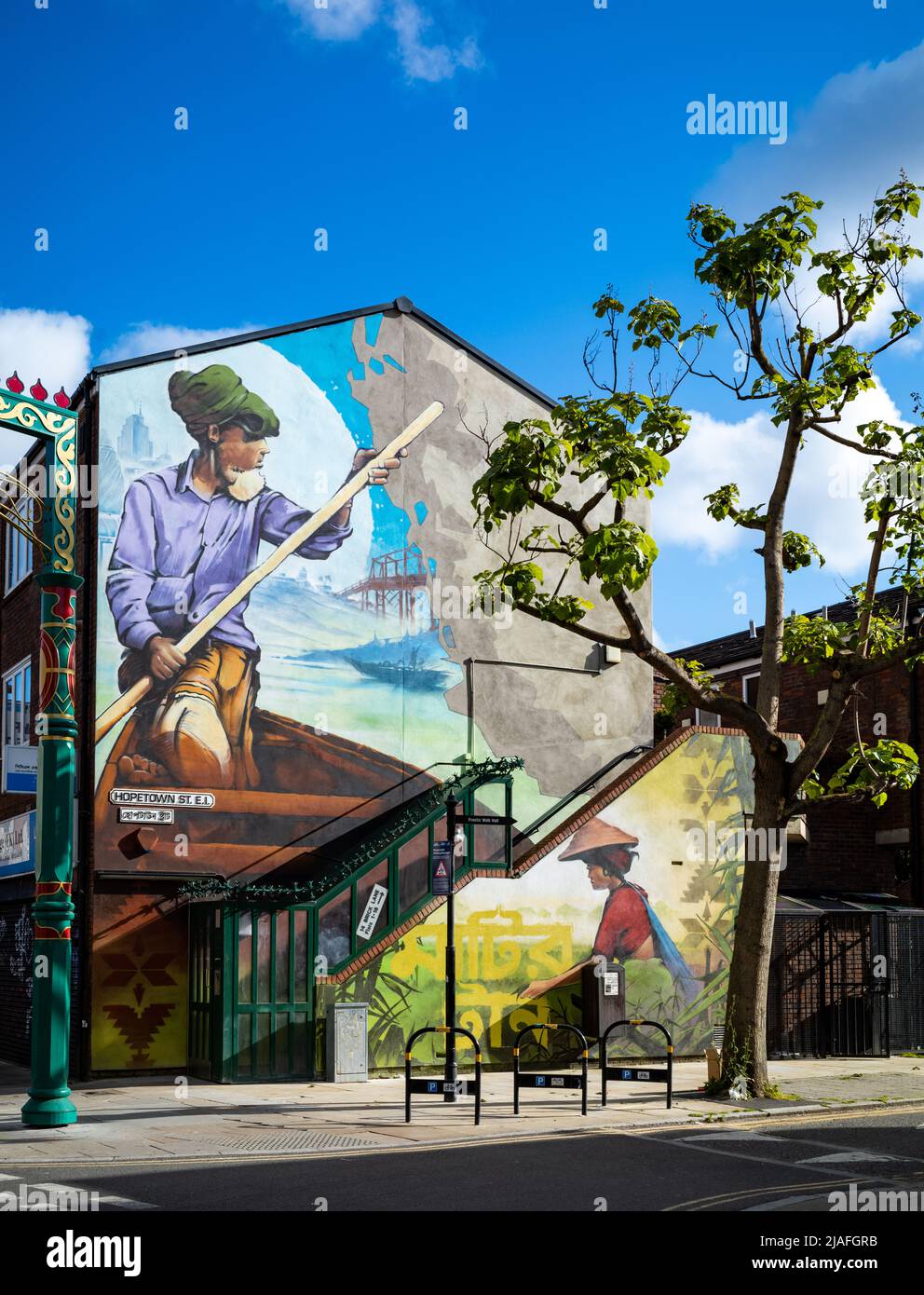 The Hopetown Mural next to Banglatown Arch in Brick Lane, London, UK. painted by street artist ...