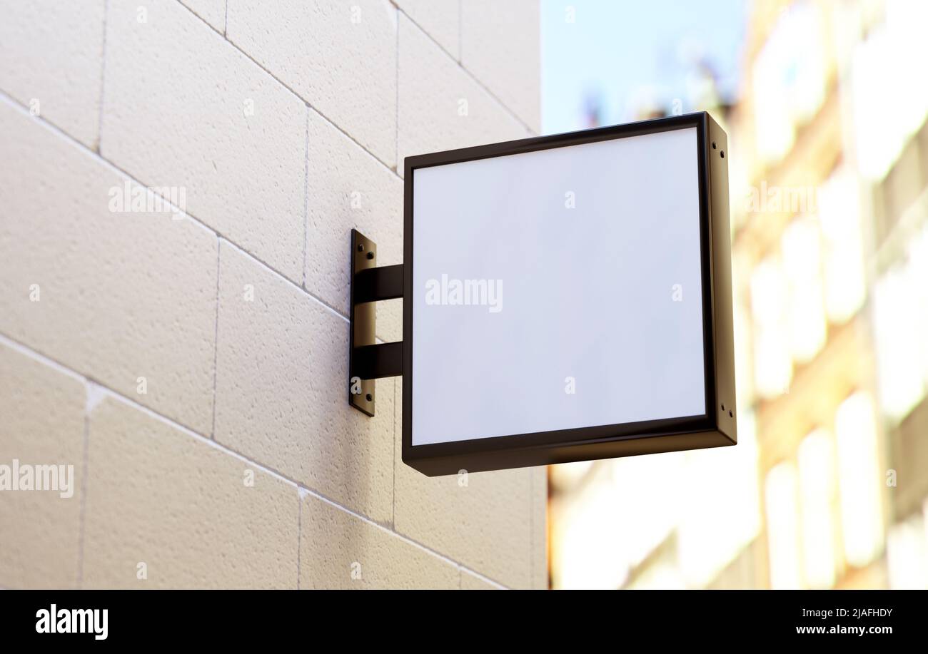 Square wall sign board mockup hung on a business facade. Outdoor store ...