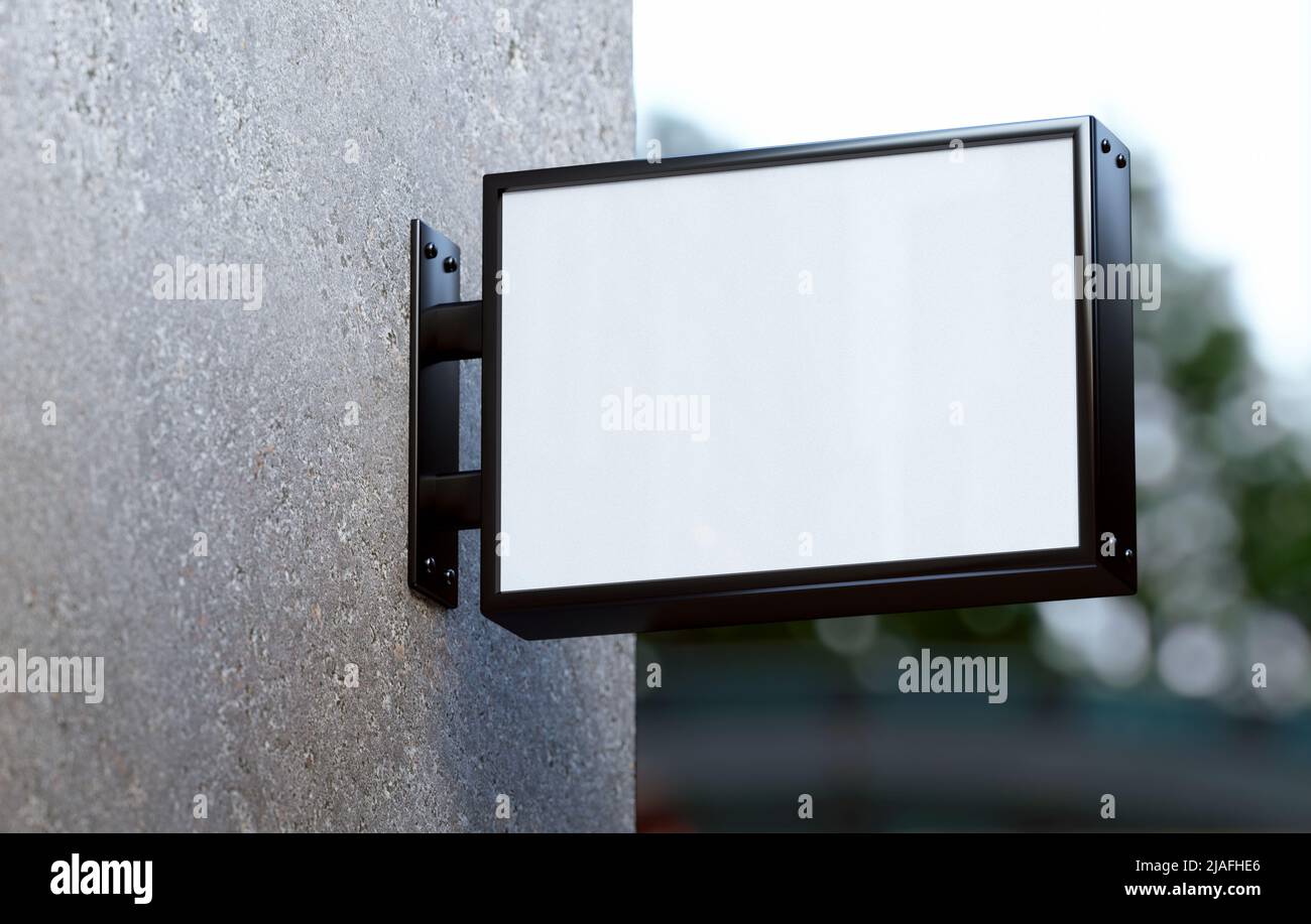 Blank wall sign mockup hung on a store facade. Rectangular outdoor ...