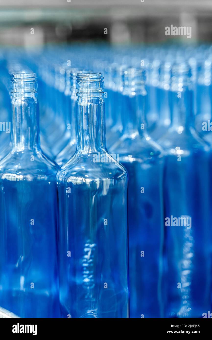 Many empty bottles at beverage factory. Alcohol beverage production ...