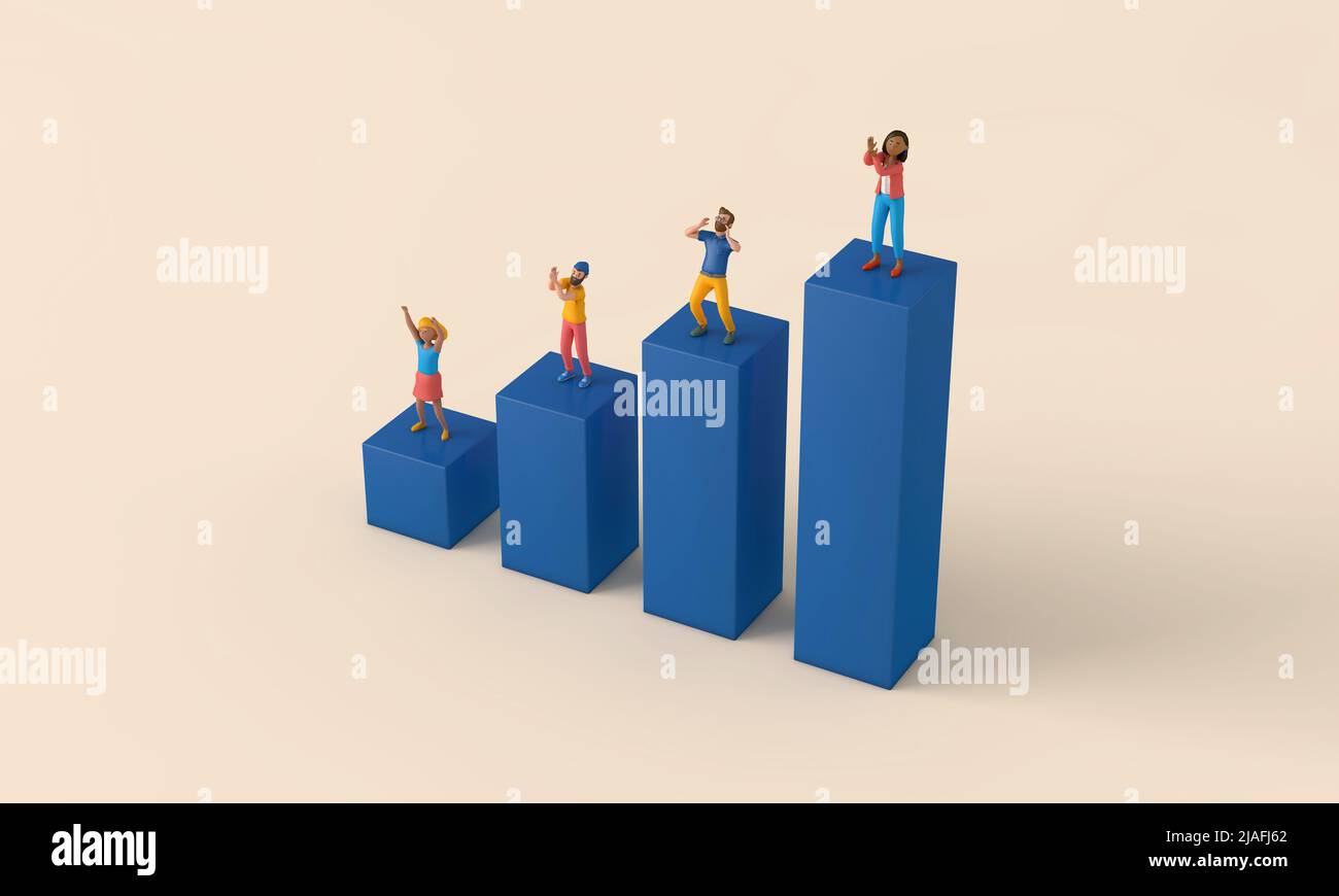 Business growth and development illustration. People on a bar chart. 3D ...