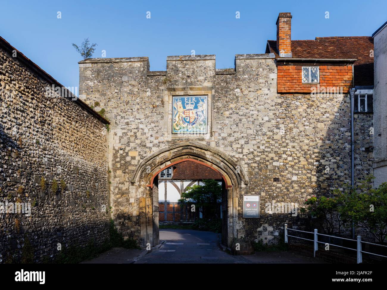 The Priory Gate entrance and coat of arms in Dome Alley into the Inner ...