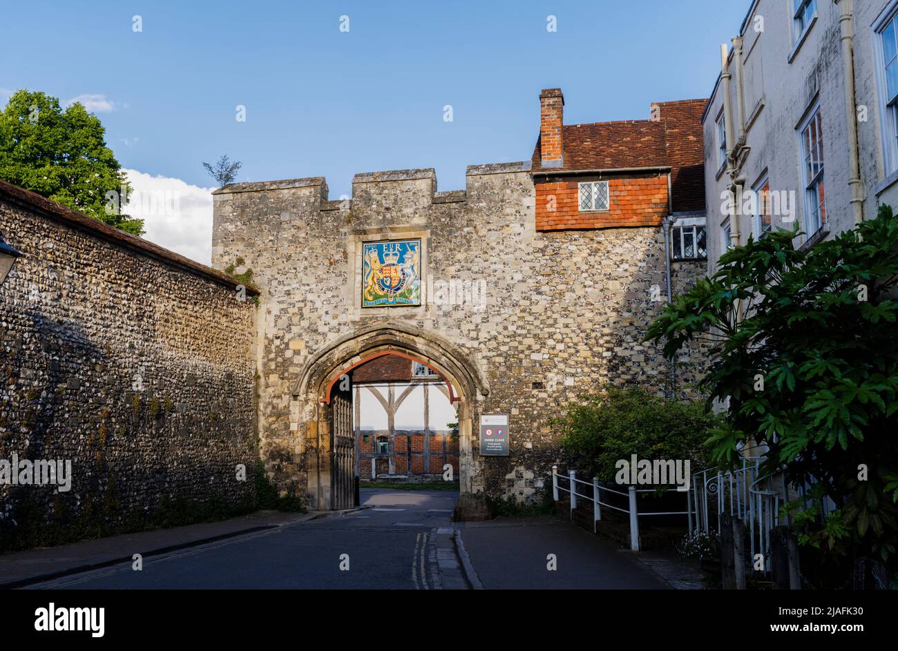 The Priory Gate entrance and coat of arms in Dome Alley into the Inner ...