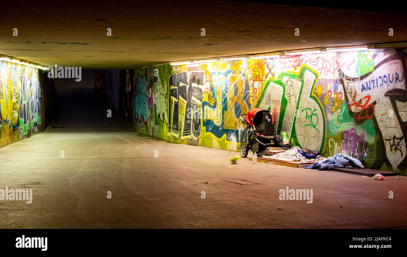 Sleeping Place Of A Homeless Man In A Lighted Underpass With Graffiti ...