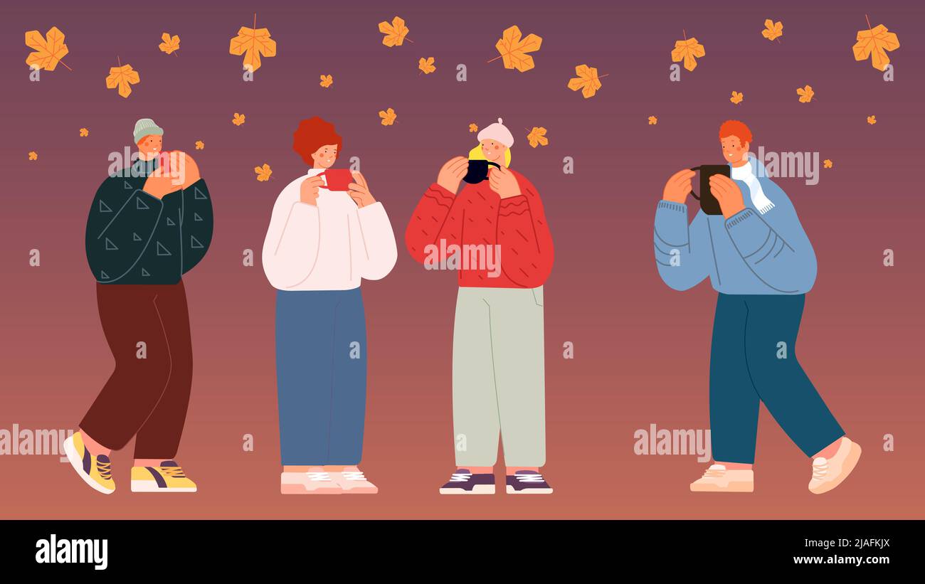 Friends meeting with hot beverages. Autumn characters stand together ...