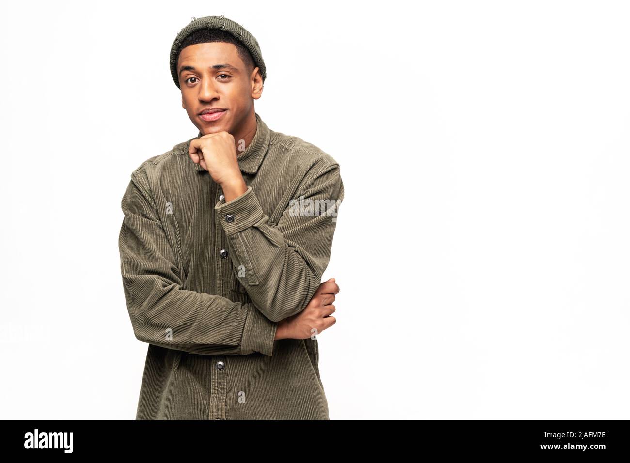 Pensive man holding chin with hand, need to think, planning strategy ...