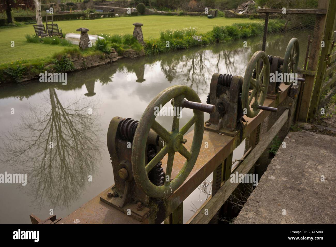 VIEWS OF LOCK WHEELS BY RIVER FROME NEAR FARM IN WILTSHIRE AND SOMERSET ...