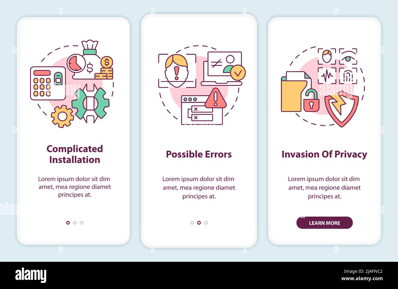 Biometric Technology Drawbacks Onboarding Mobile App Screen Stock