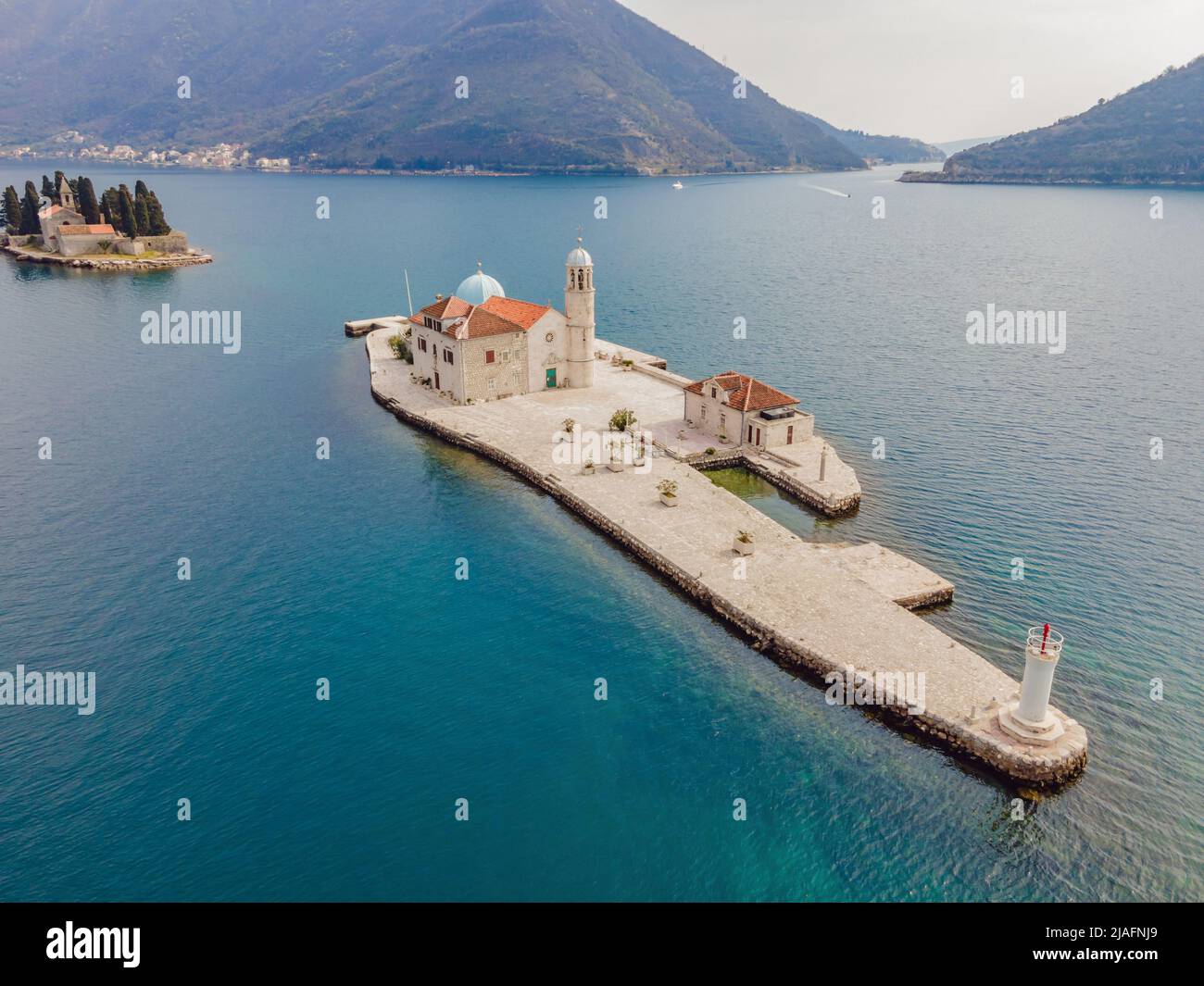 Picturesque island st. George and temple Gospa od Skrpela. Drone view ...