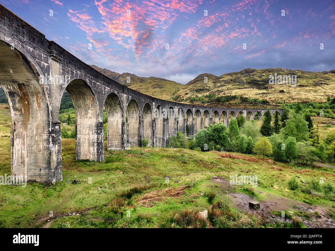 Glenfinnan Viaduct at dramatic sunset, Scotland landscape, UK Stock ...