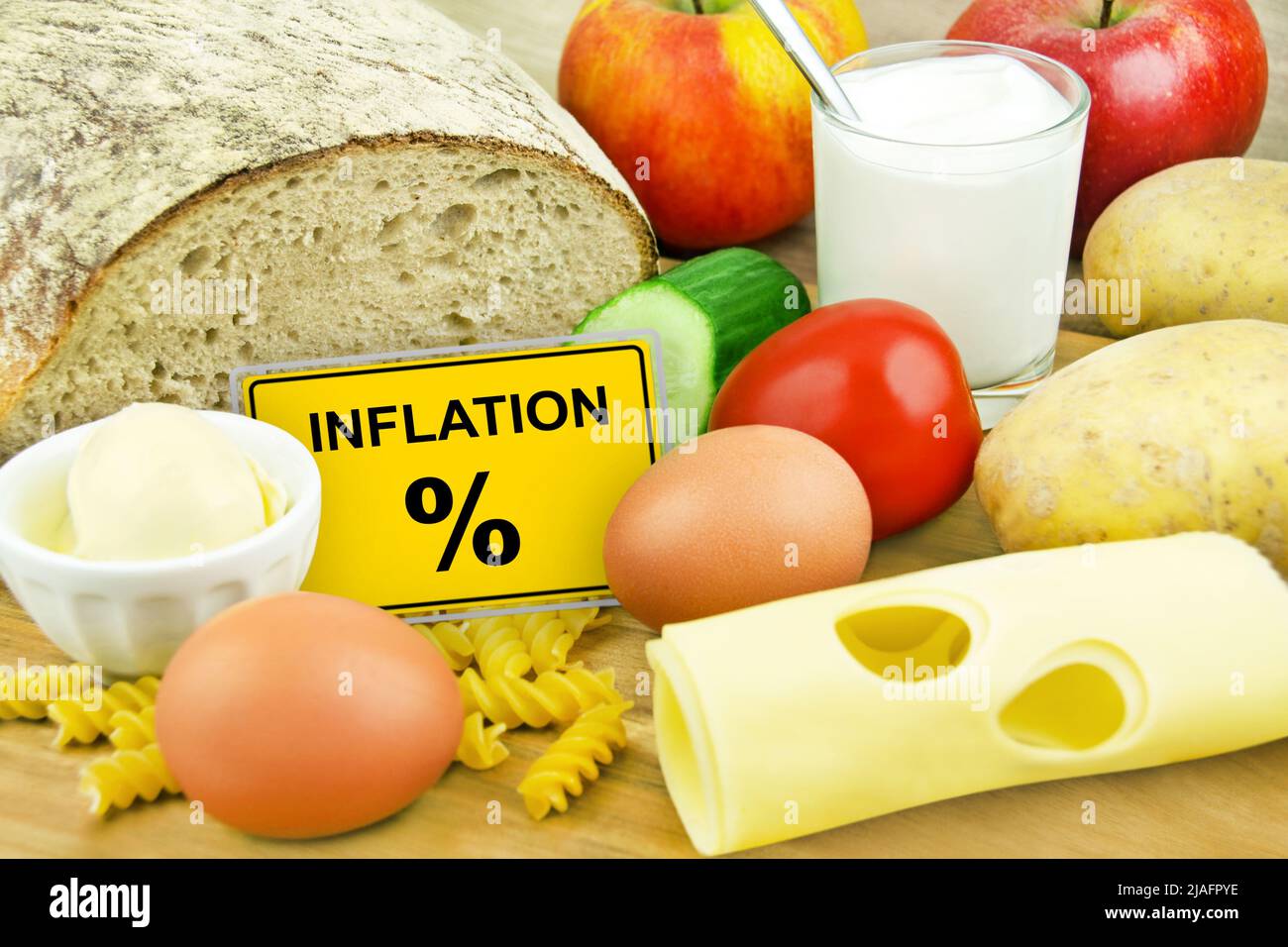 Yellow sign and inflation with bread, vegetables, fruits, milk products ...