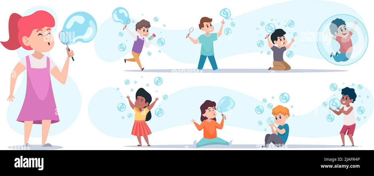 Foam bubbles for kids. Children blowing foam bubbles funny happy people ...