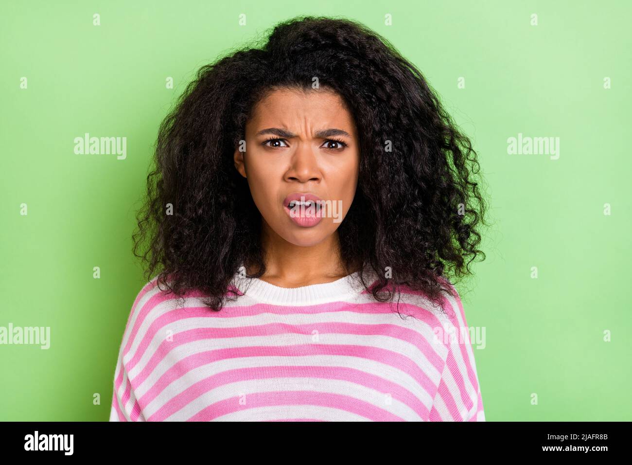 Photo of young pretty woman impressed negative stupor fail problem ...