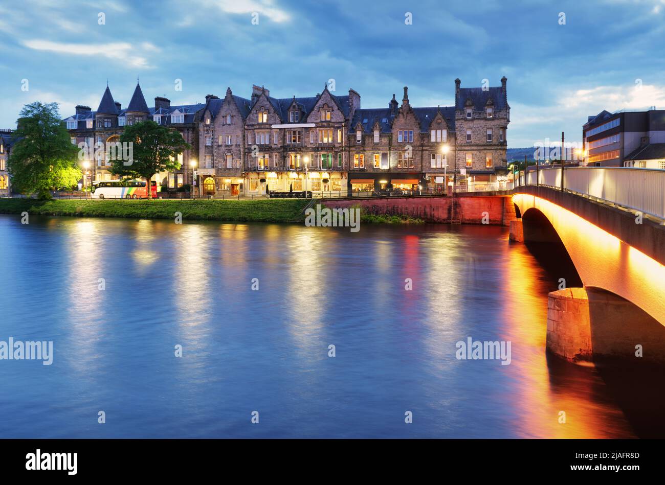 Inverness skyline at night with Ness bridge, Scotland - UK Stock Photo ...