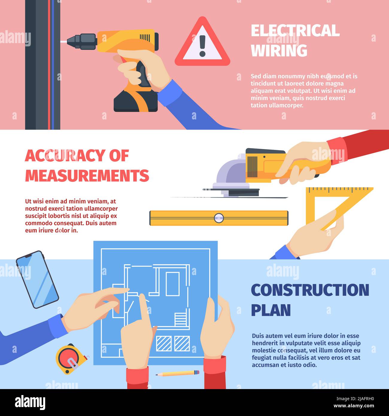 Repair tools banners. Equipment for professional workers hands holding ...