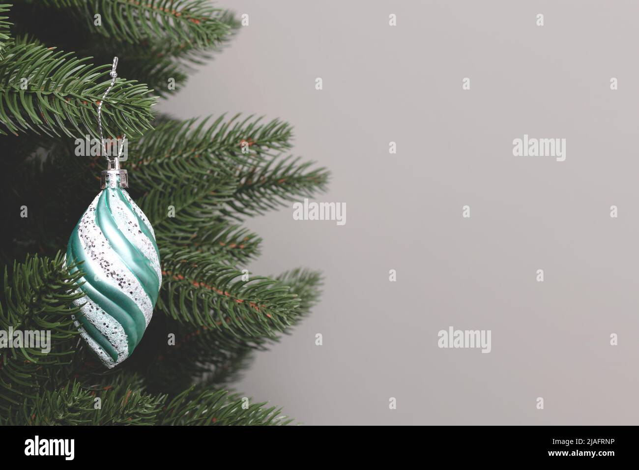 Bright blue Christmas icicle hanging on a fir tree. New Year decoration ...