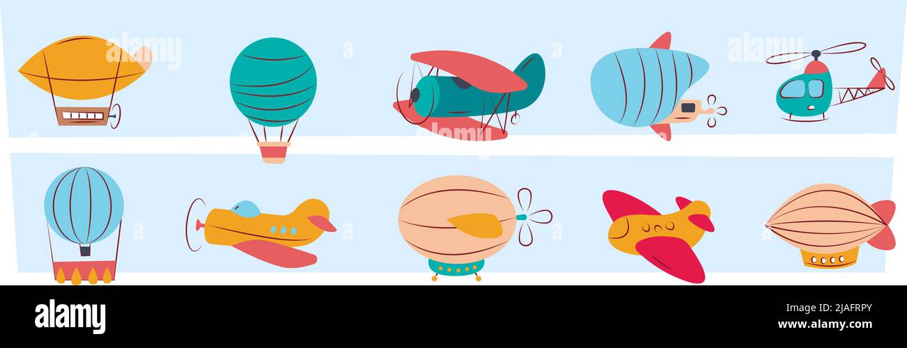 Flying transport. Stylized colored illustrations of airbus and airplane ...