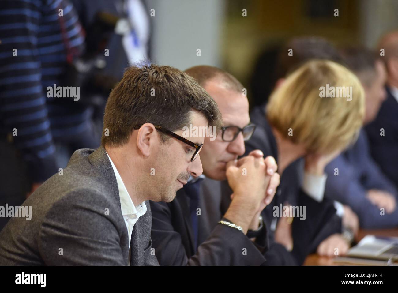 Saint Denis’ mayor Mathieu Hanotin taking part in a meeting at sports ...