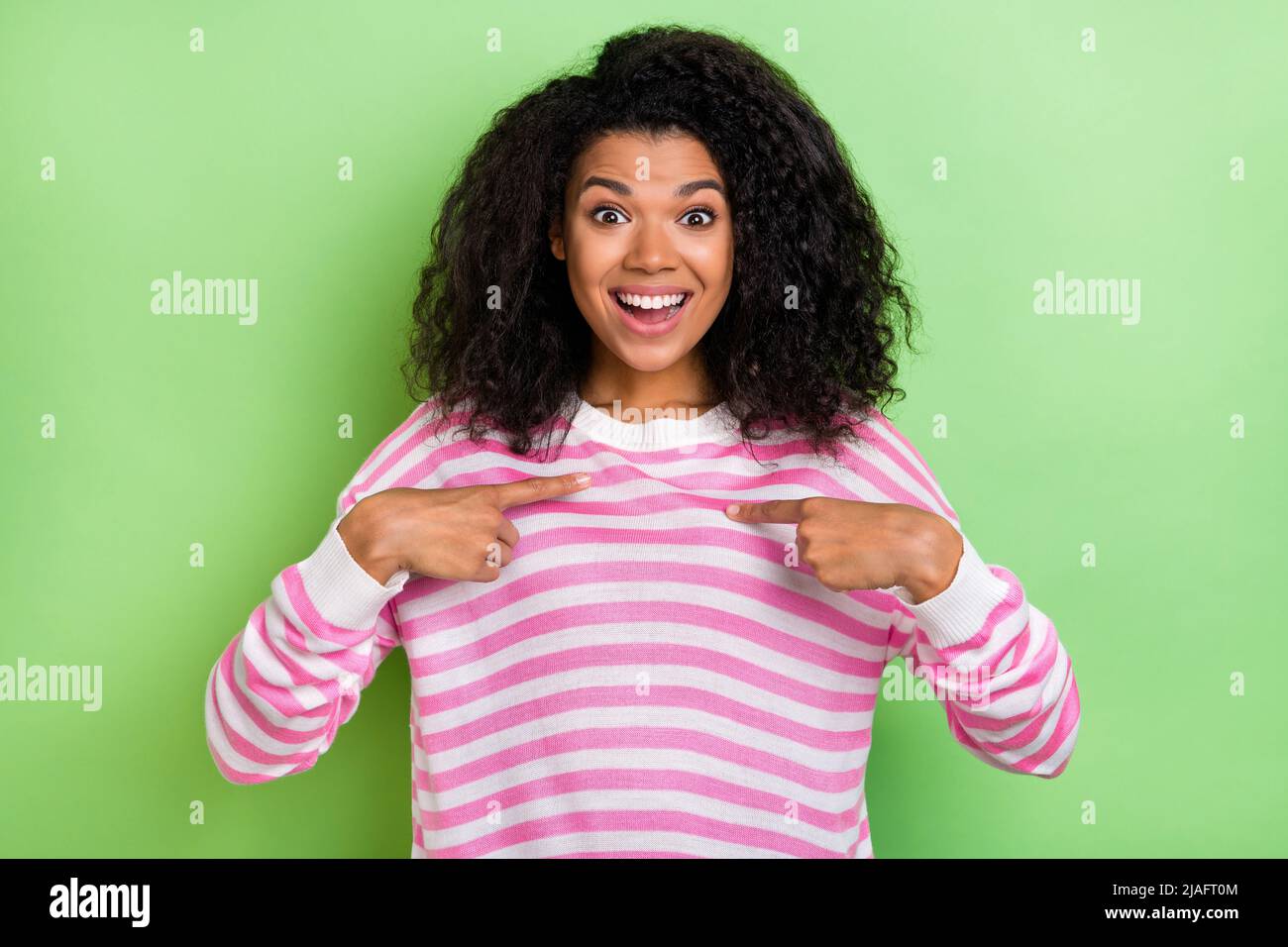 Portrait of attractive cheerful amazed girl pointing at herself good ...