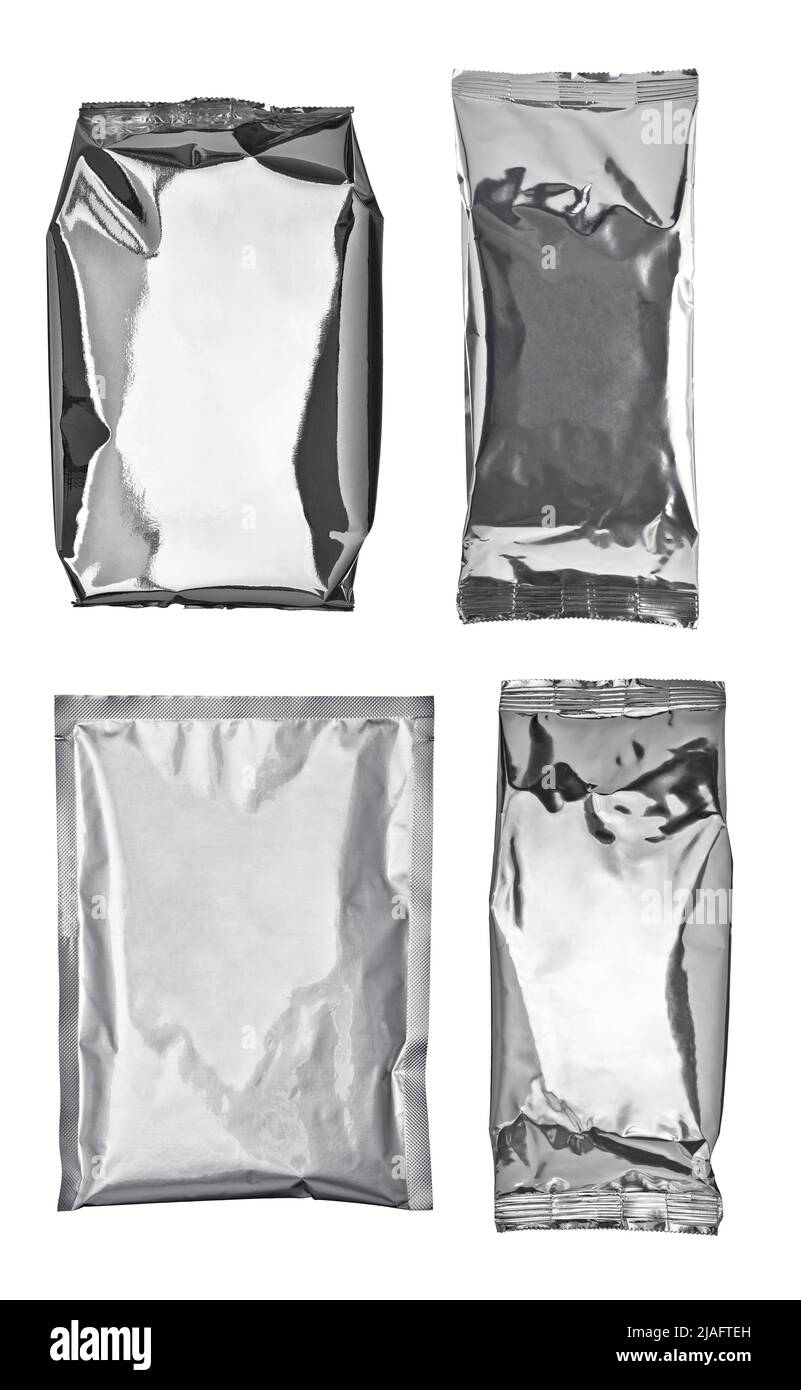 white silver aluminum paper bag package food template box background ...