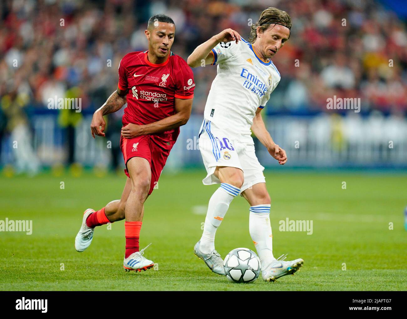 Luka Modric of Real Madrid and Thiago Alcantara of Liverpool FC during ...