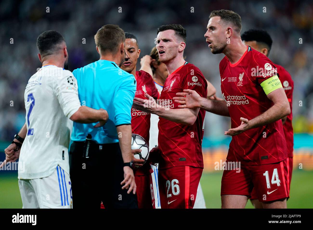 Liverpool FC players protest to the referee during the UEFA Champions ...