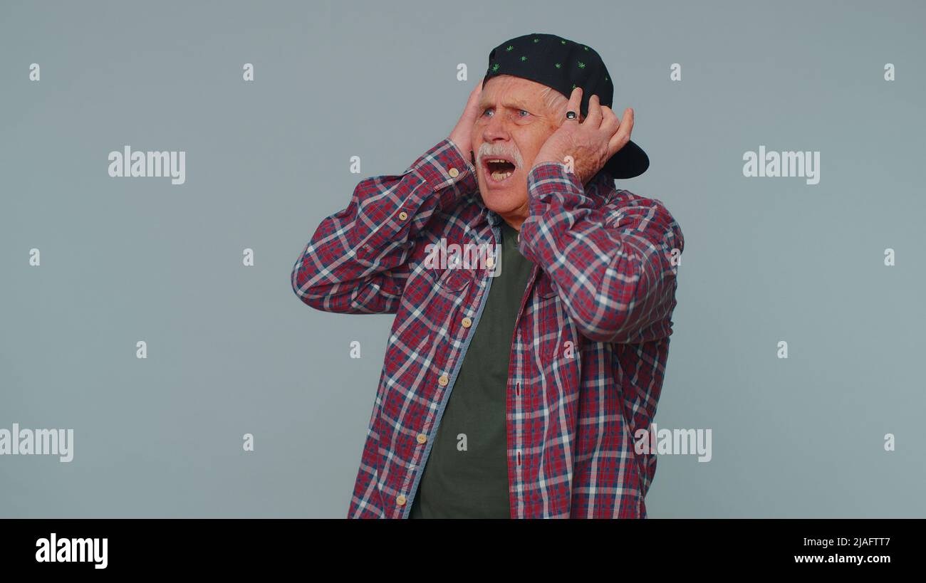 Man scared fearful, covering ears, meeting his own phobia, evidence ...