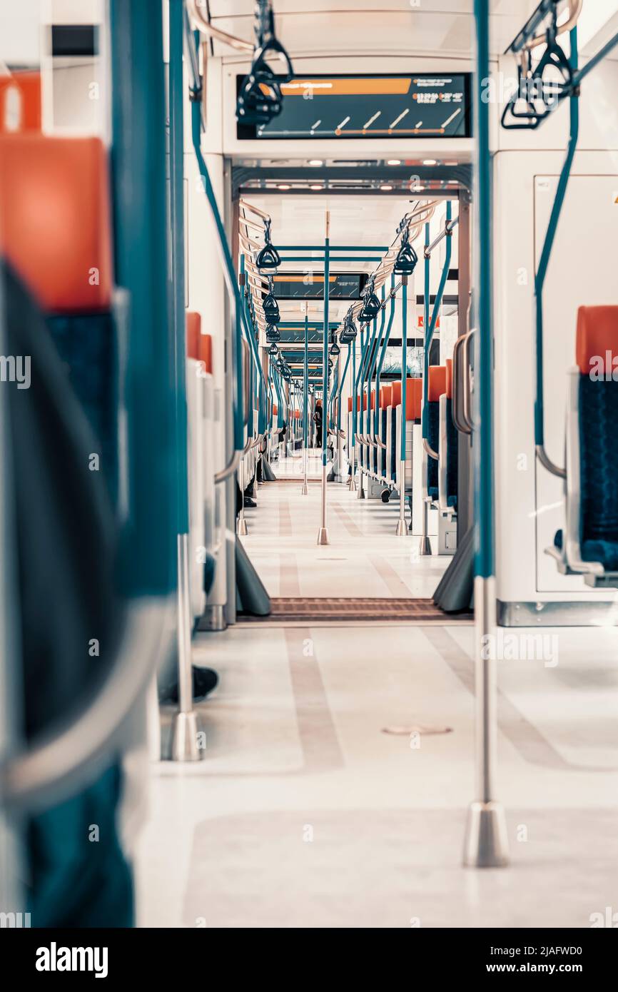 Modern train interior. Perspective of empty passenger train car. Rows ...