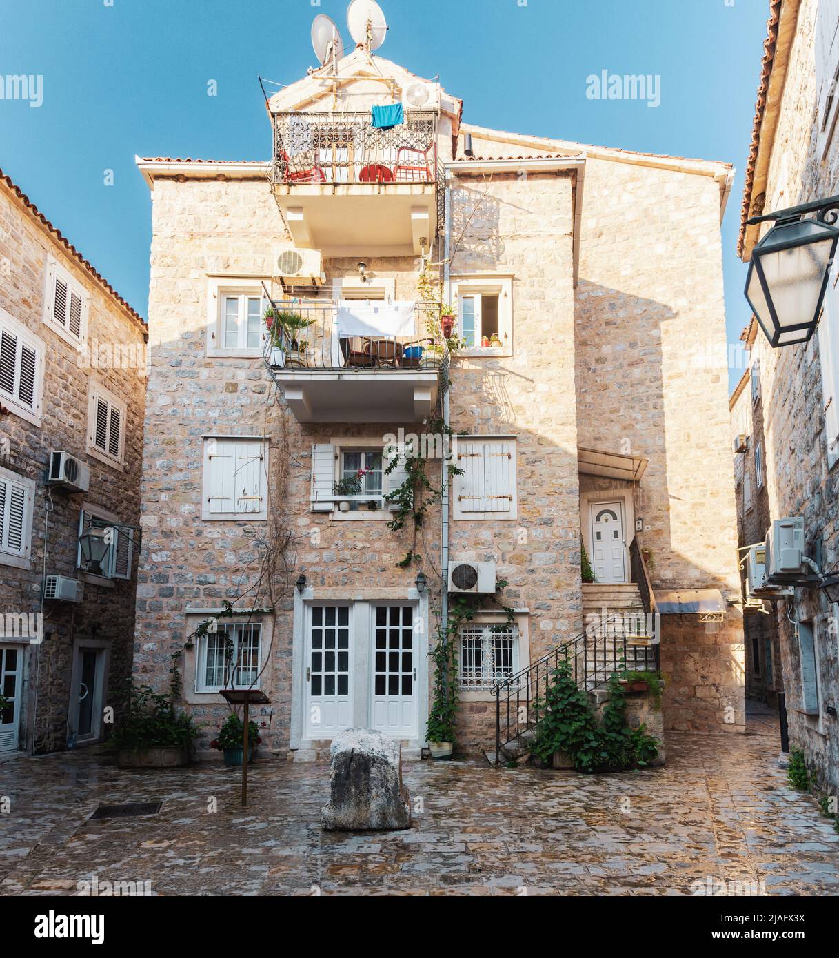 Square with old pattern table in center of Budva - Montenegro Stock ...