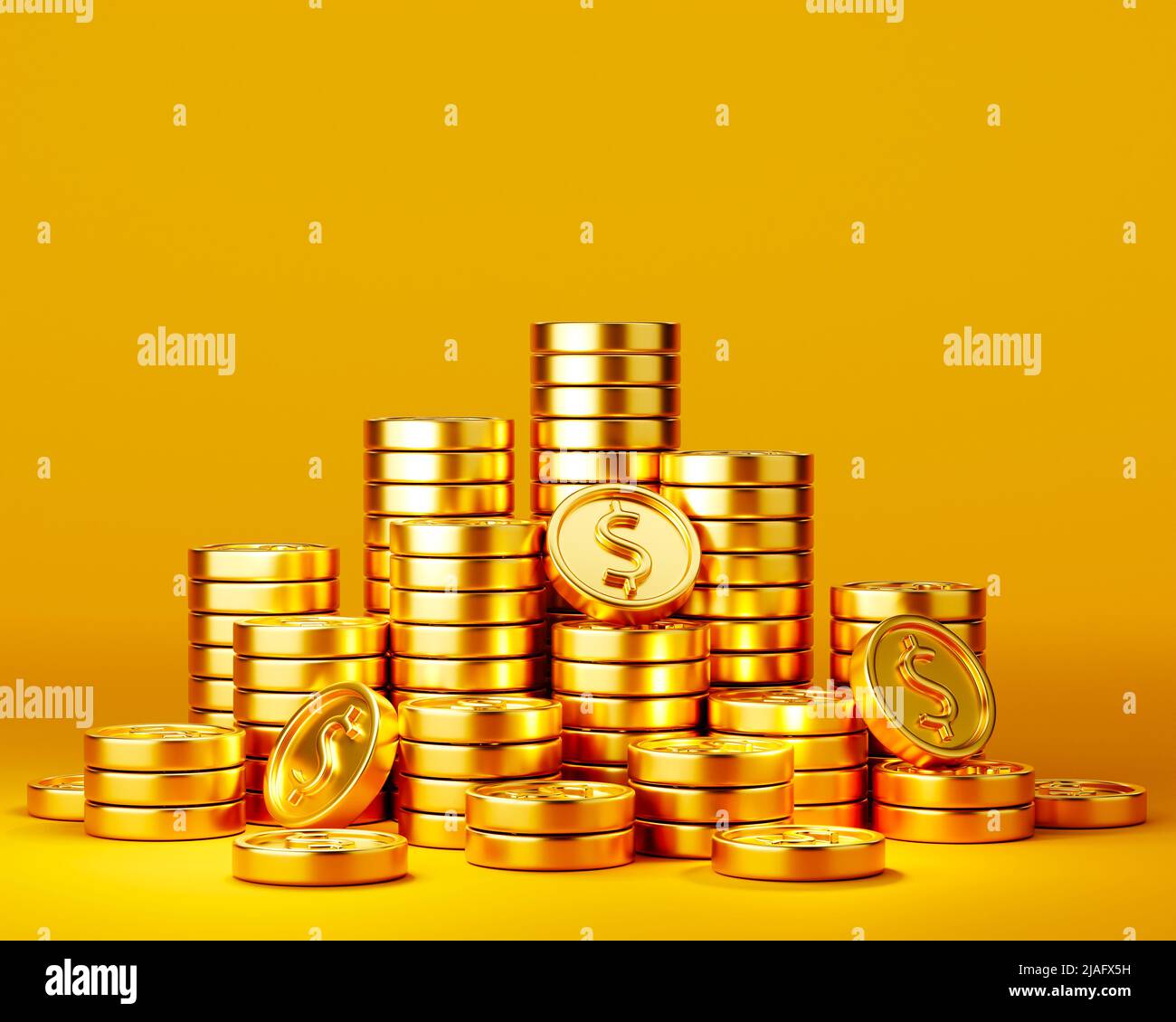 Pile of golden dollar coins on bright yellow background Stock Photo - Alamy