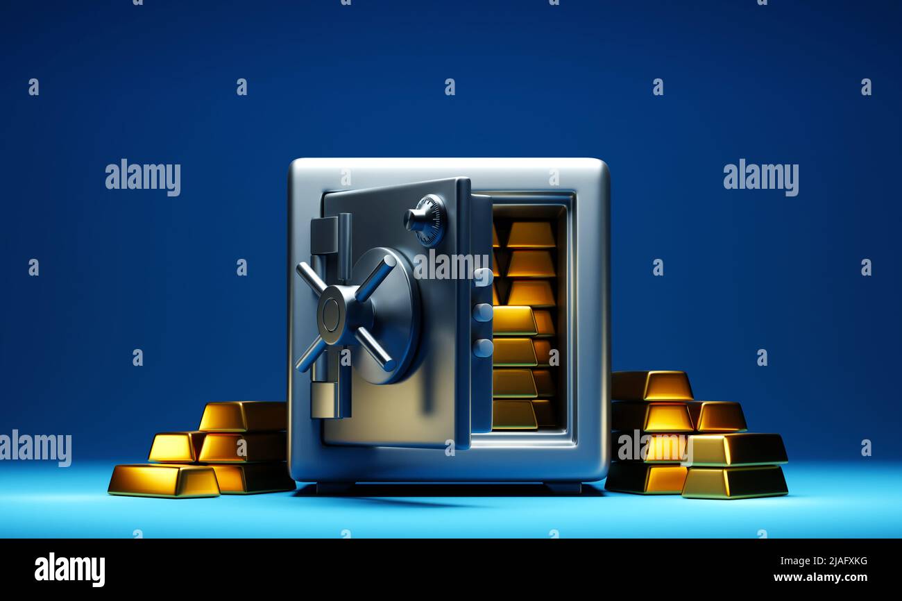 Open metallic, iron, steel safe with stacks of golden bars, money or ...