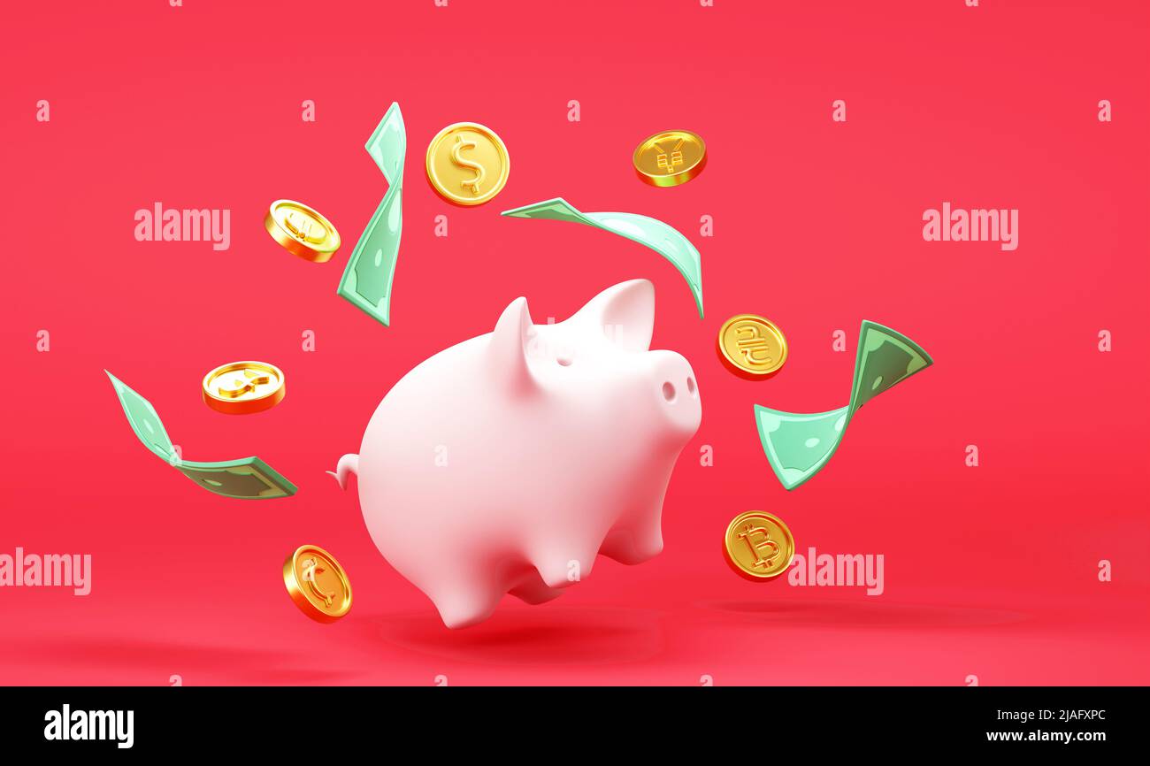 White piggy bank with falling dollar bills and coins on red background ...