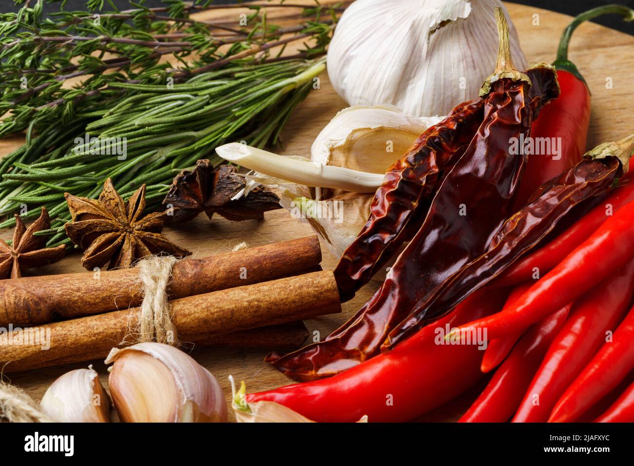 Flat lay composition with chili peppers and spices Stock Photo - Alamy
