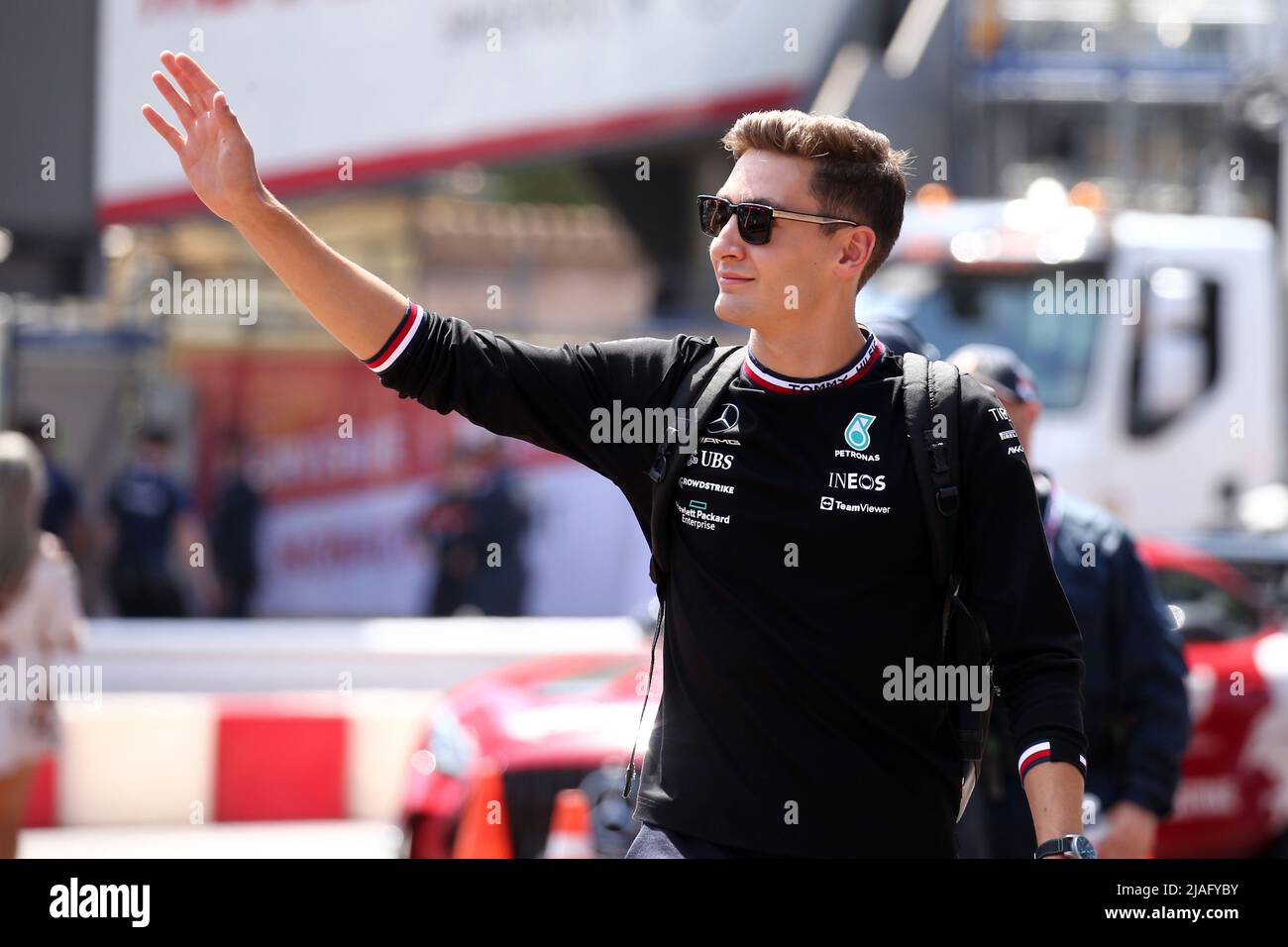 George Russell of Mercedes AMG Petronas F1 Team greets the fans before ...