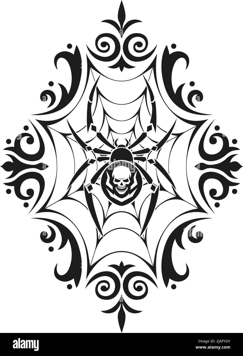 Spider with skull pattern. The spider sits in the center of its web ...