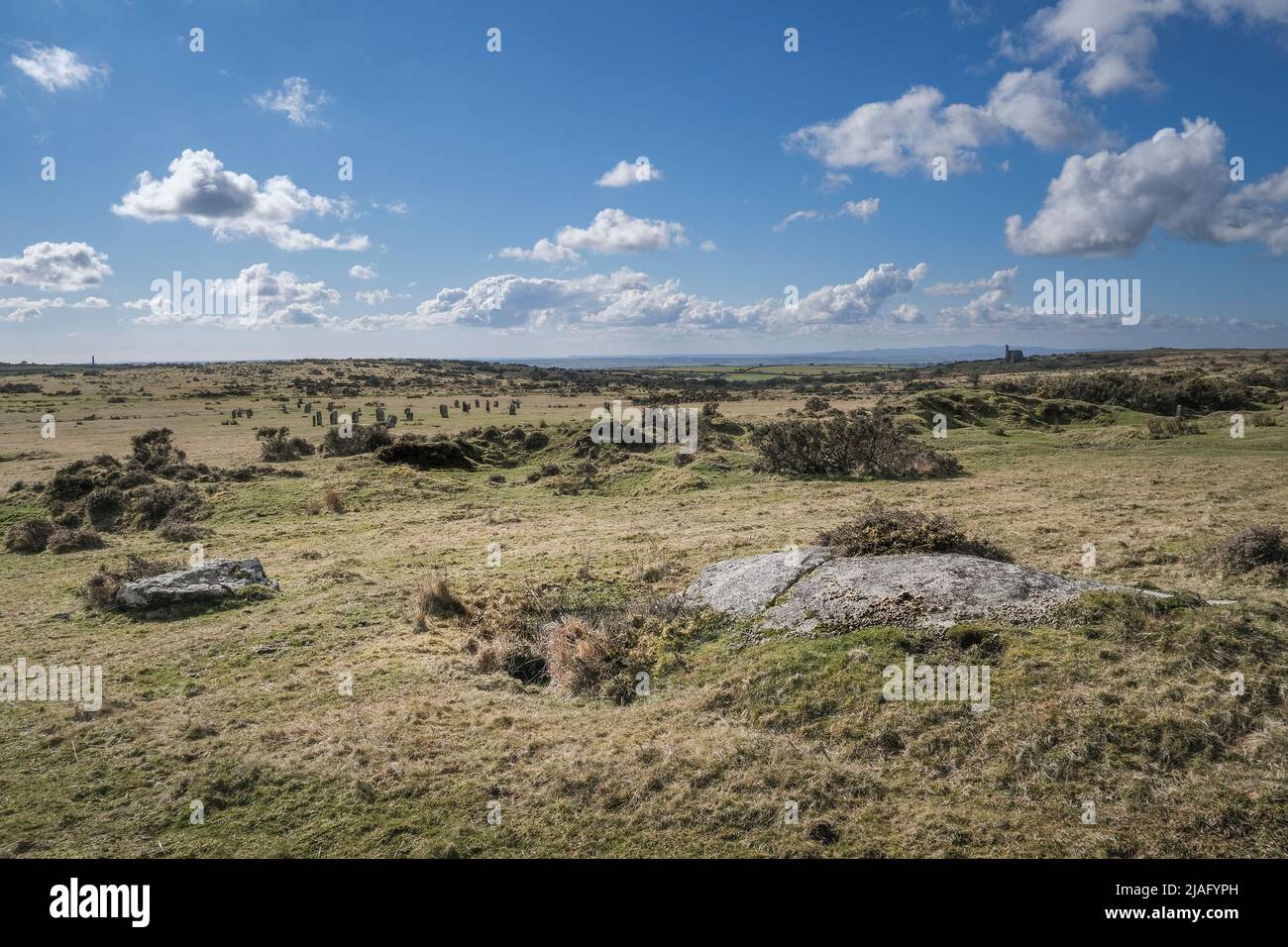 The rugged landscape of Bodmin Moor with stone circles The Hurlers in ...