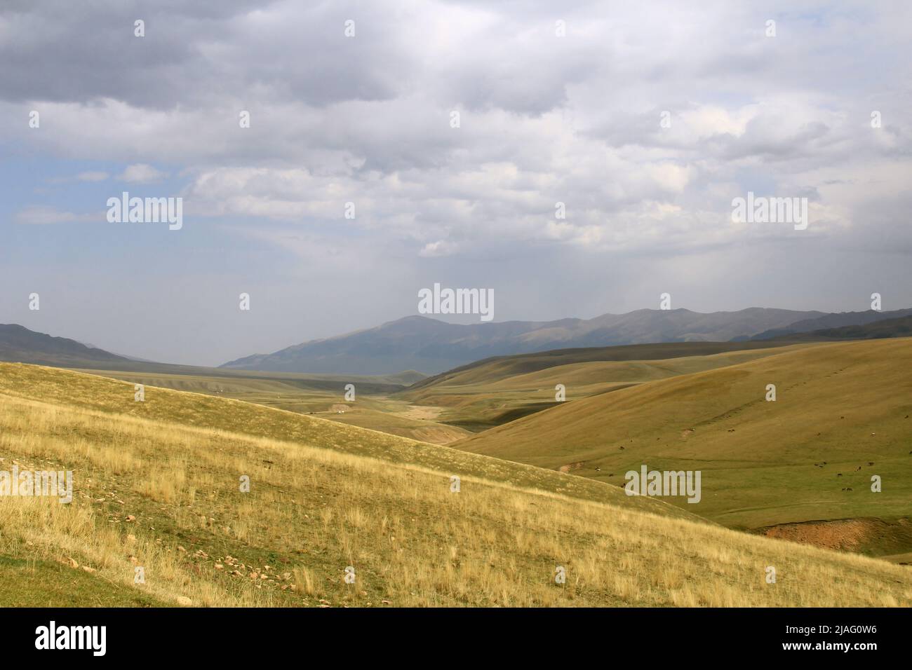Far and wide view of the steppe hilly valley on the Assy alpine plateau ...
