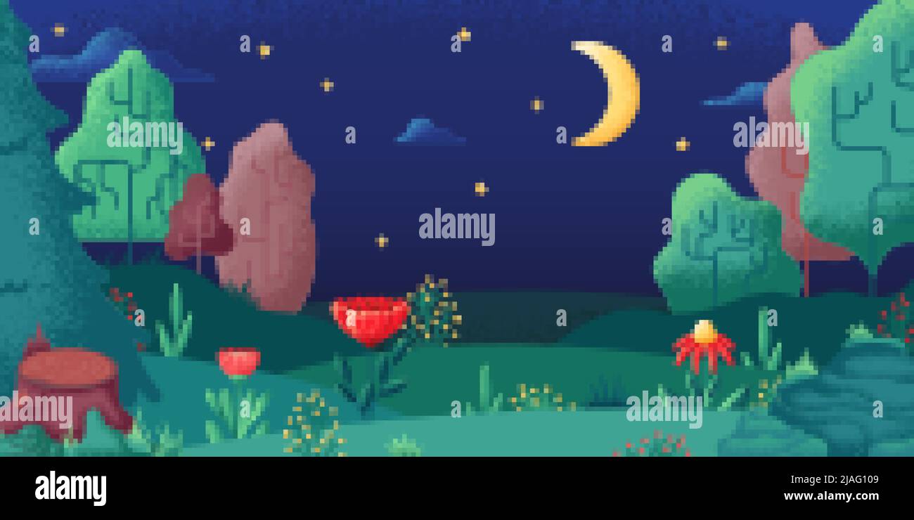 Night nature landscape. Midnight forest in dark scenery. Dream with ...