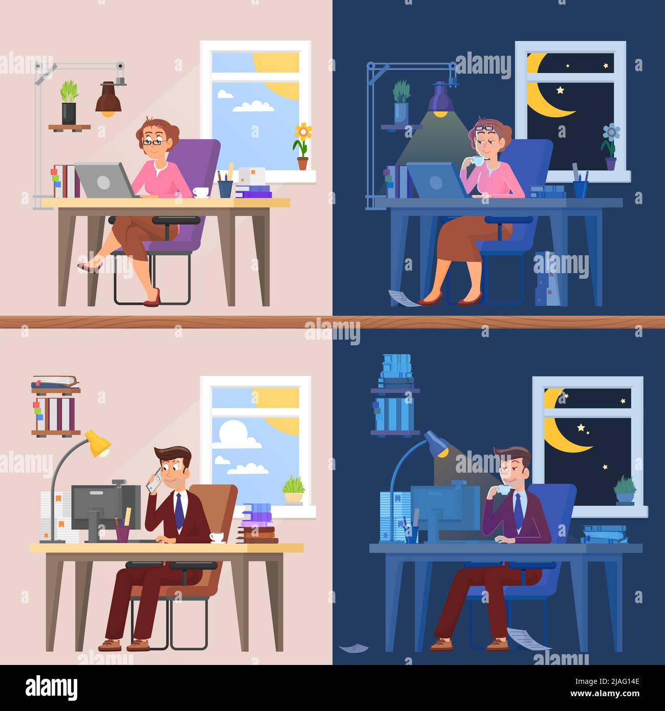 Work day and night. Tired and exhausted woman and man. Late working ...