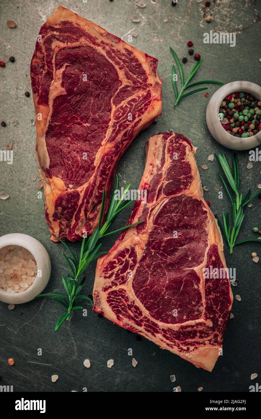 aesthetic table top picture of 2 pieces of red meat with salt and ...