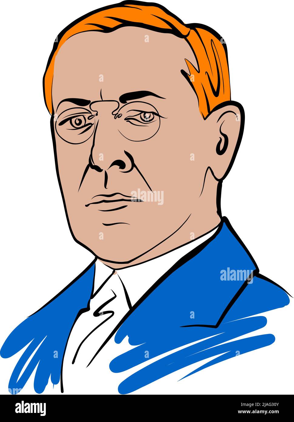 Woodrow Wilson vector drawing with colored surfaces. Hand-drawn outline ...