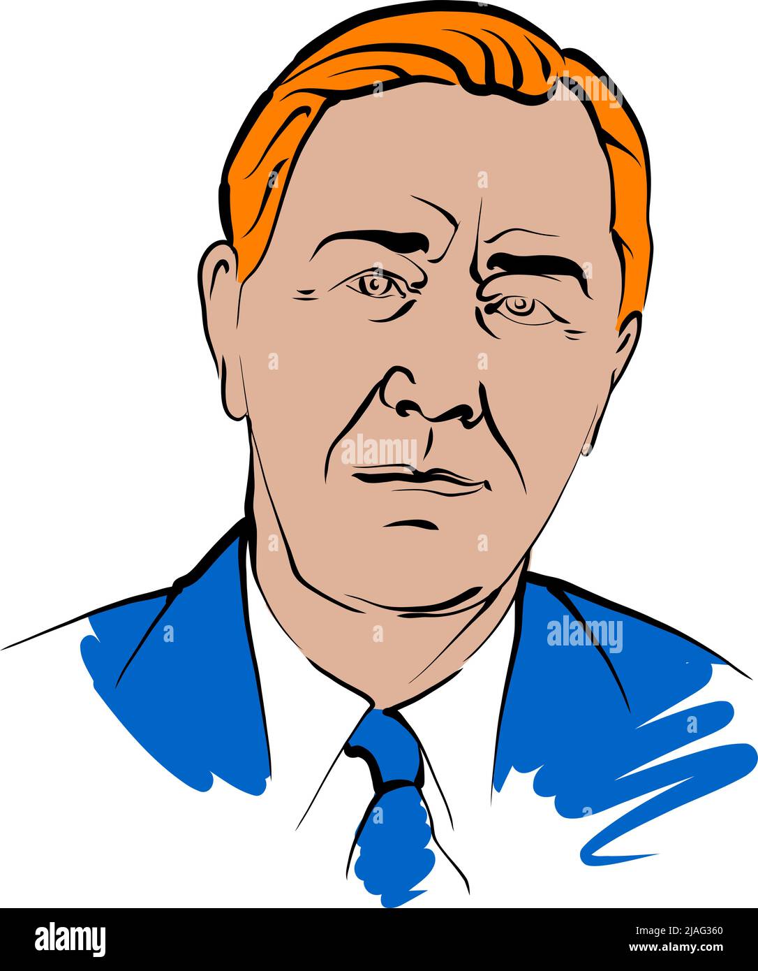 Franklin D. Roosevelt vector drawing with colored surfaces. Hand-drawn ...