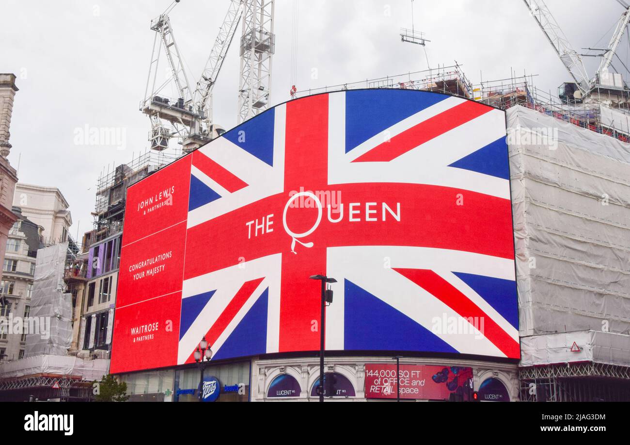 London, UK. 30th May 2022. A Union Jack with a celebration of The Queen ...