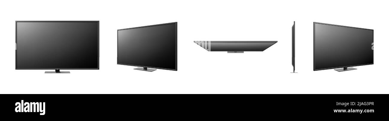 LCD TV screen isolated on white background. Black television panel ...