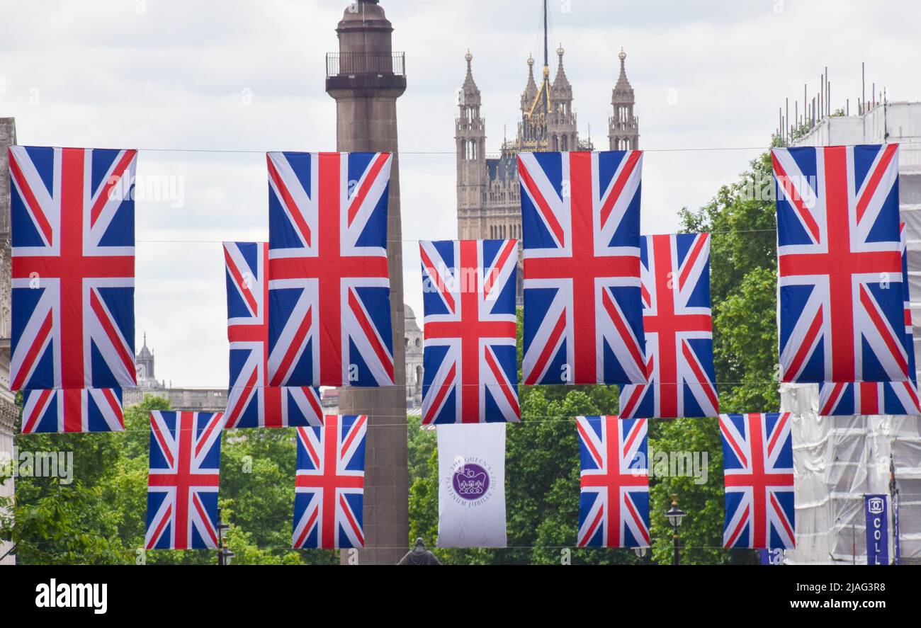 London, UK. 30th May 2022. Union Jack flags decorate Regent Street St ...